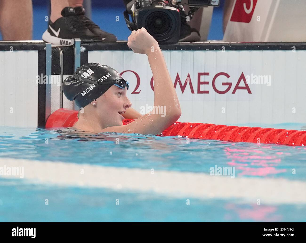 Canada's McINTOSH Summer reacts after winning the Women's 200m Backstroke Final in the Paris ...