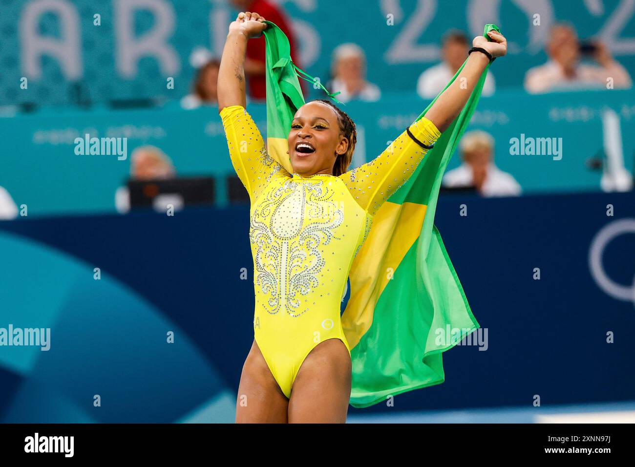 Rebeca Andrade of Brazil celebrates after winning silver medal during ...