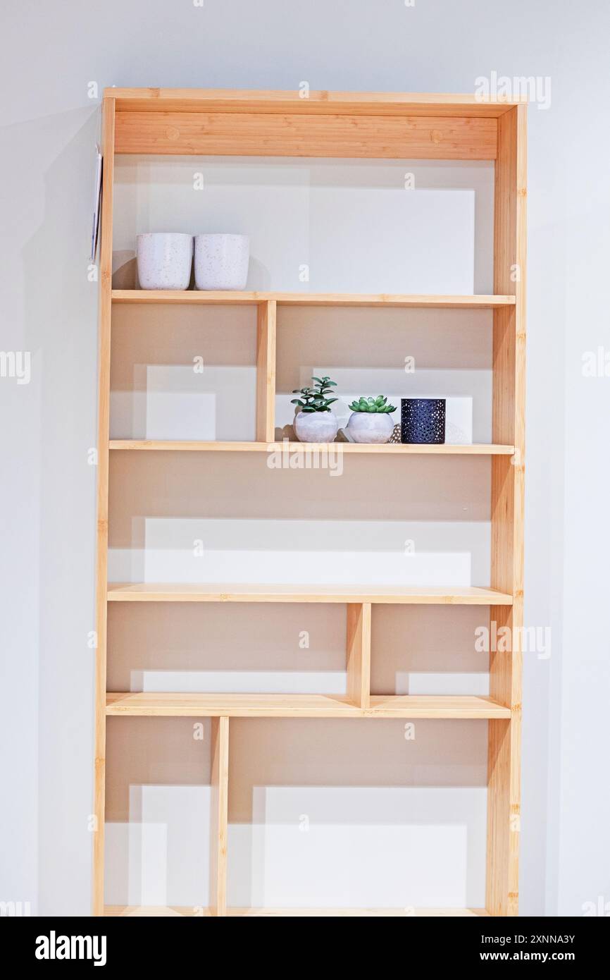 bamboo modern shelving unit shelf with flowers. Modern interior Stock ...