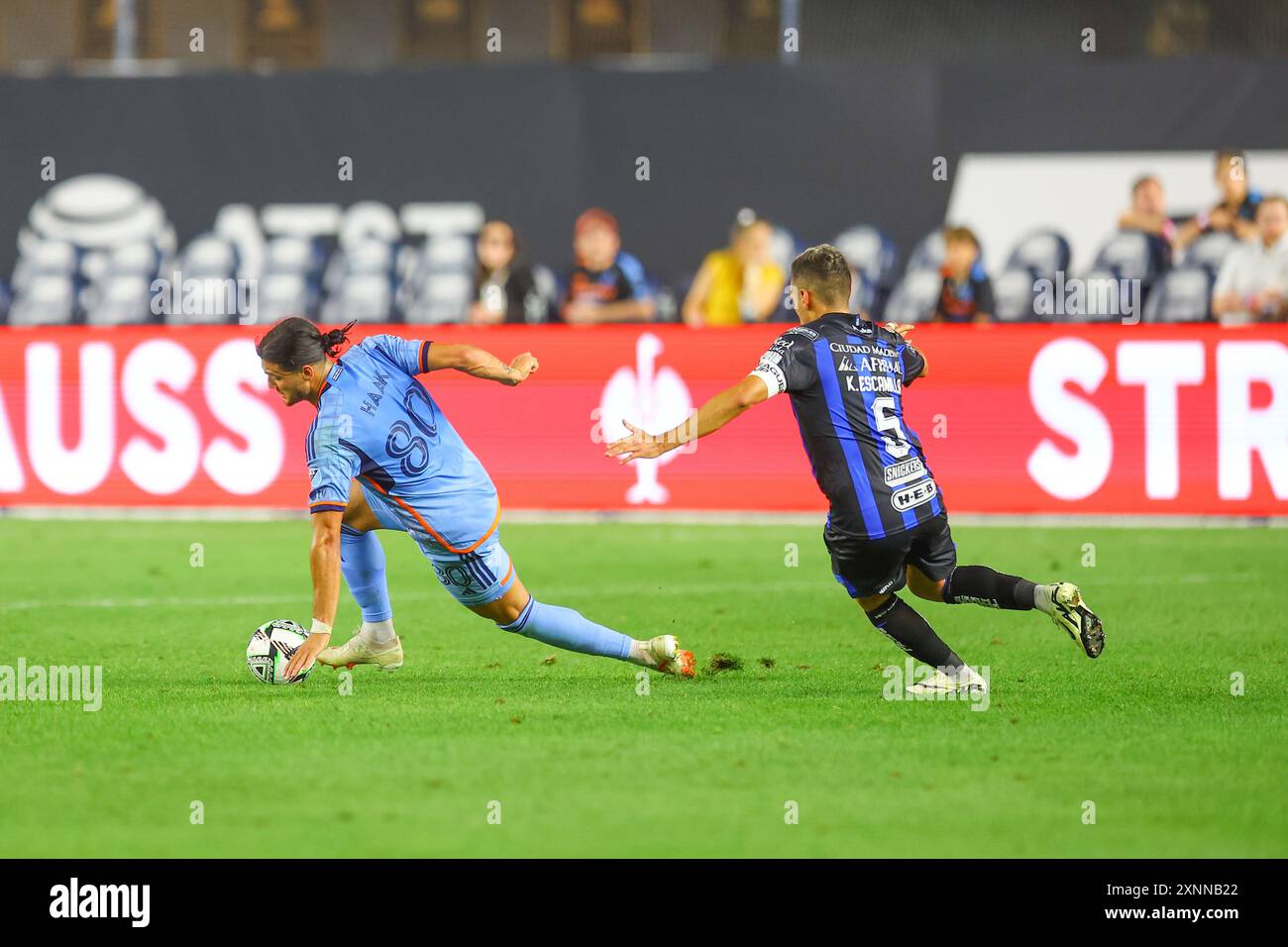 New York City FC midfielder Justin Haak #80 slips on slick surface ...
