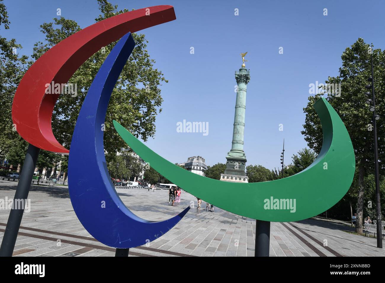 Paris, France. 01st Aug, 2024. This photograph shows the Paralympics symbols at the Bastille ...