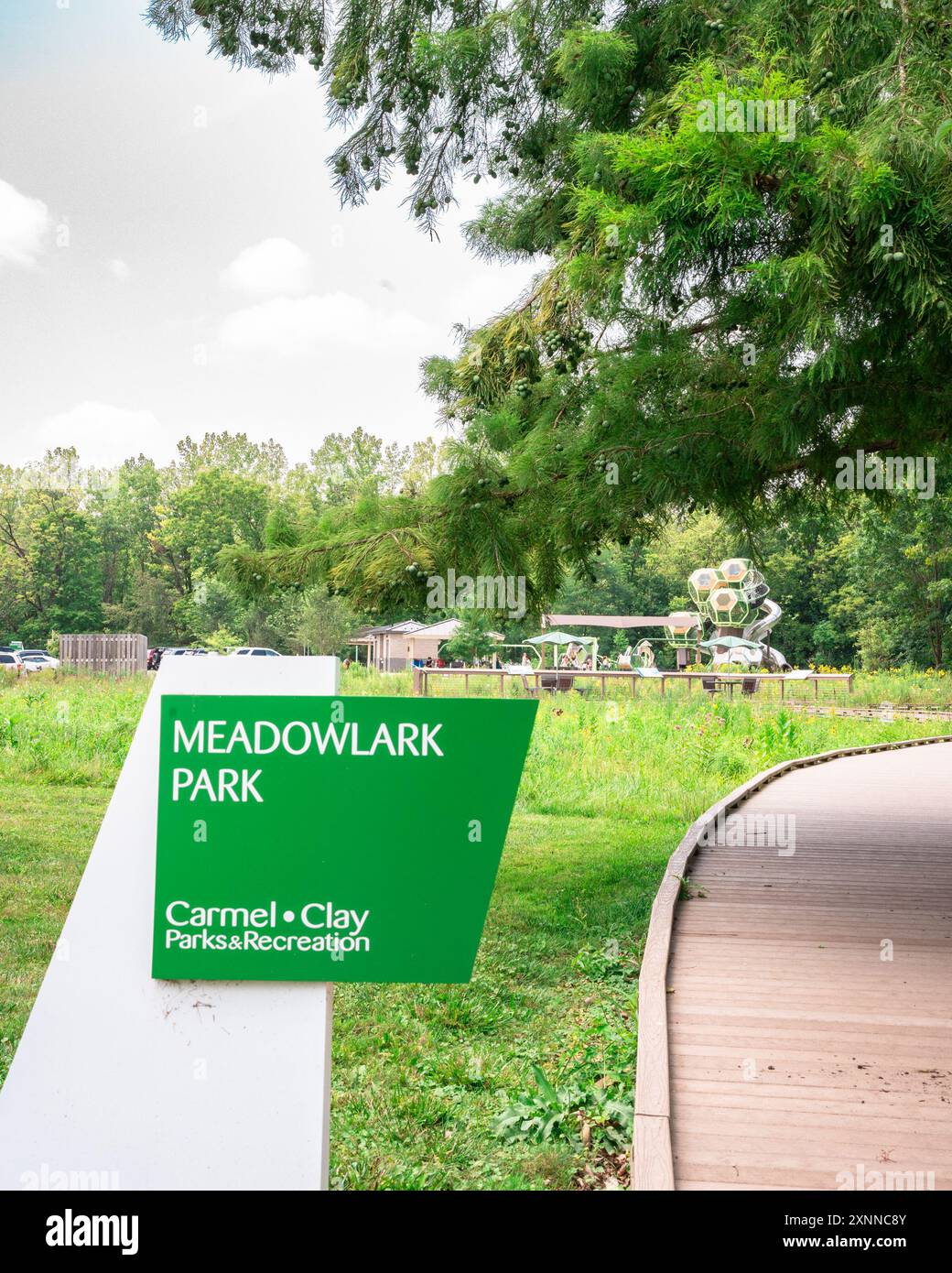 Signage to Meadowlark Park on the Monon Trail in Carmel Indiana outside ...
