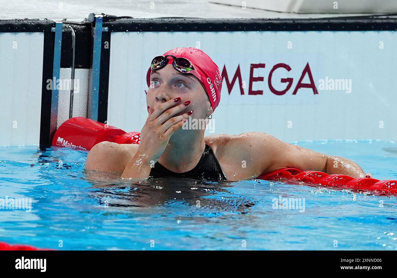Great Britain’s Honey Osrin reacts after the Women’s 200m Backstroke at the Paris La Defense ...