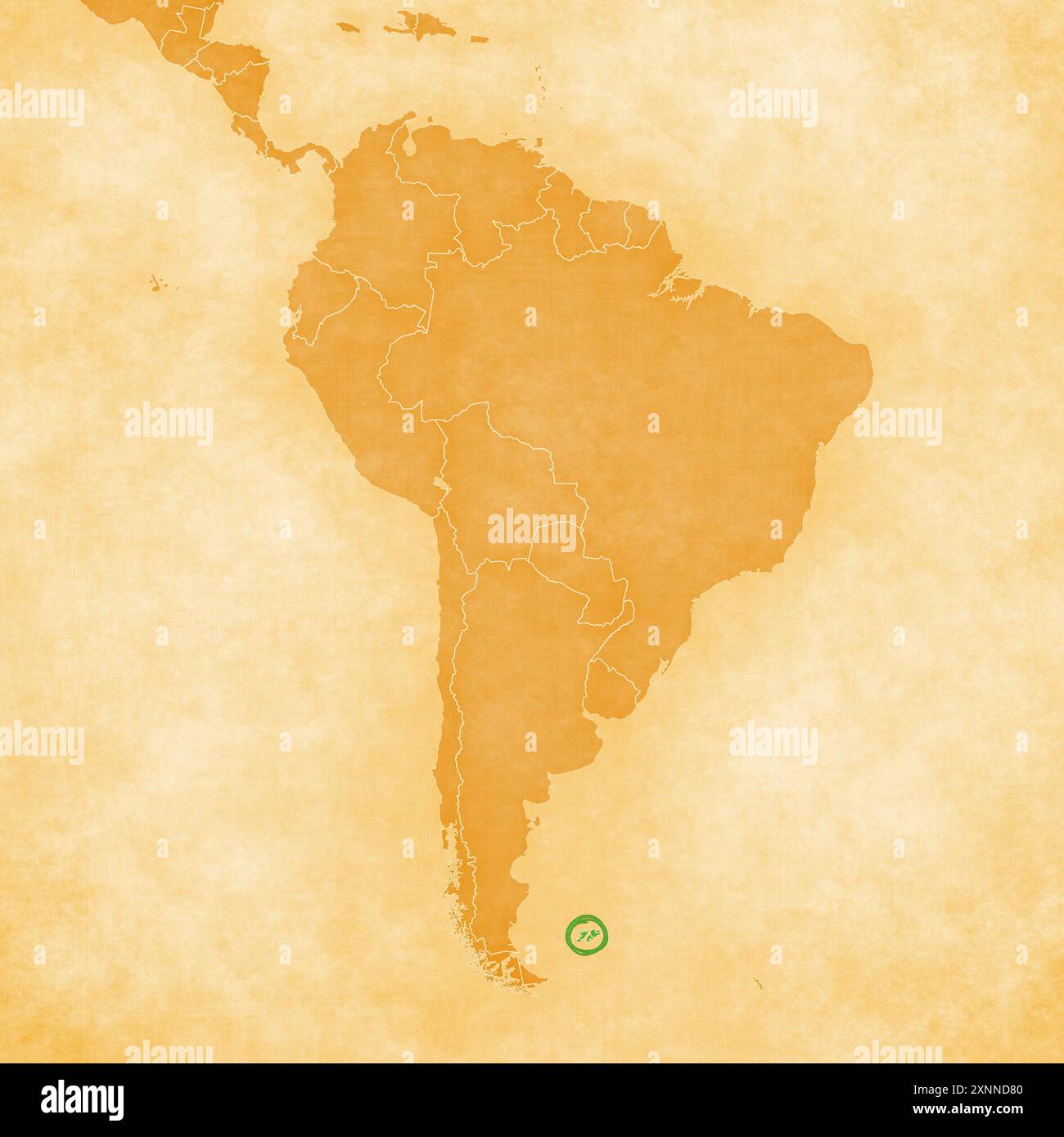 Falkland Islands on an ocher retro map of South America on old vintage ...