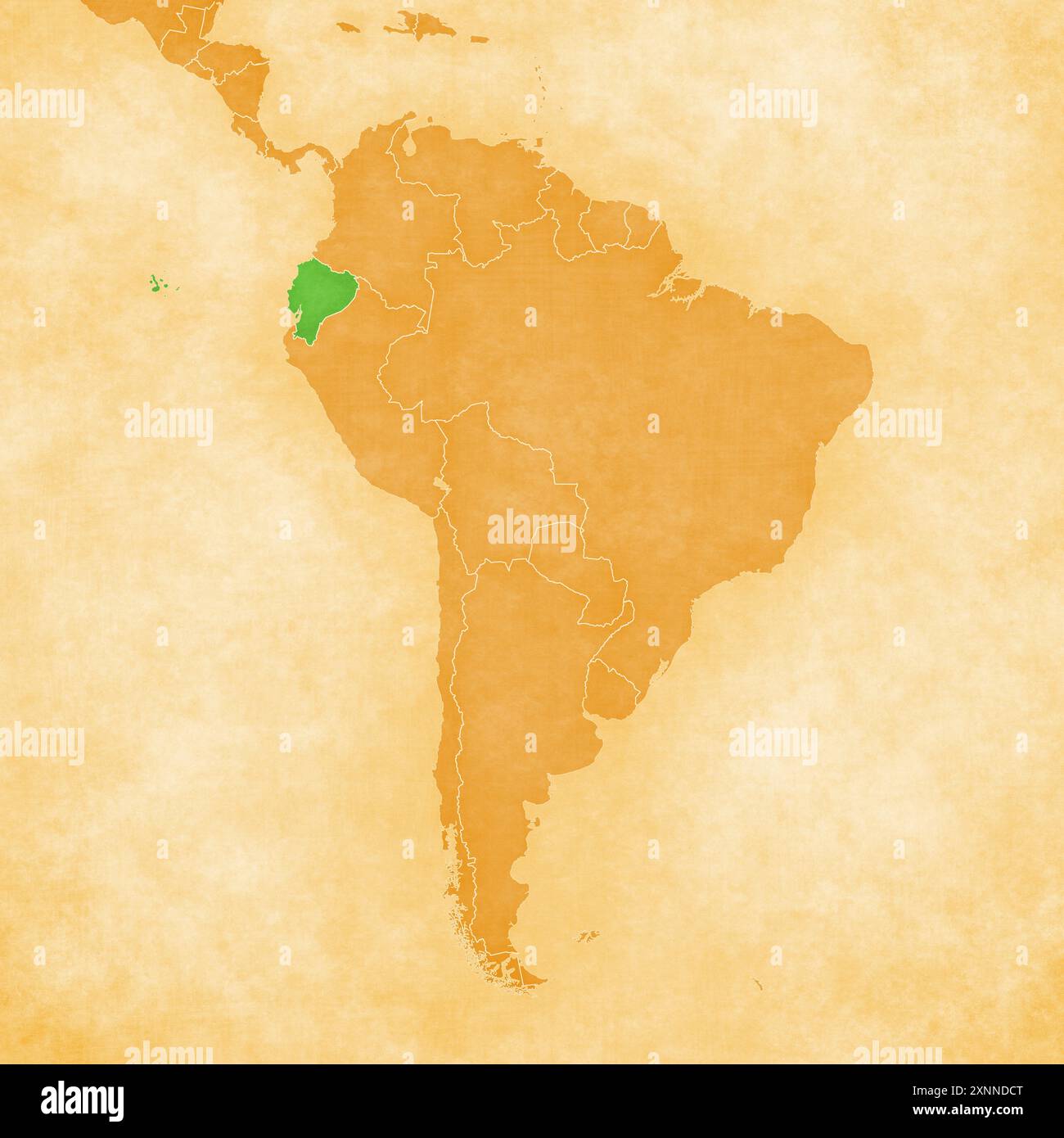 Ecuador on an ocher retro map of South America on old vintage paper ...