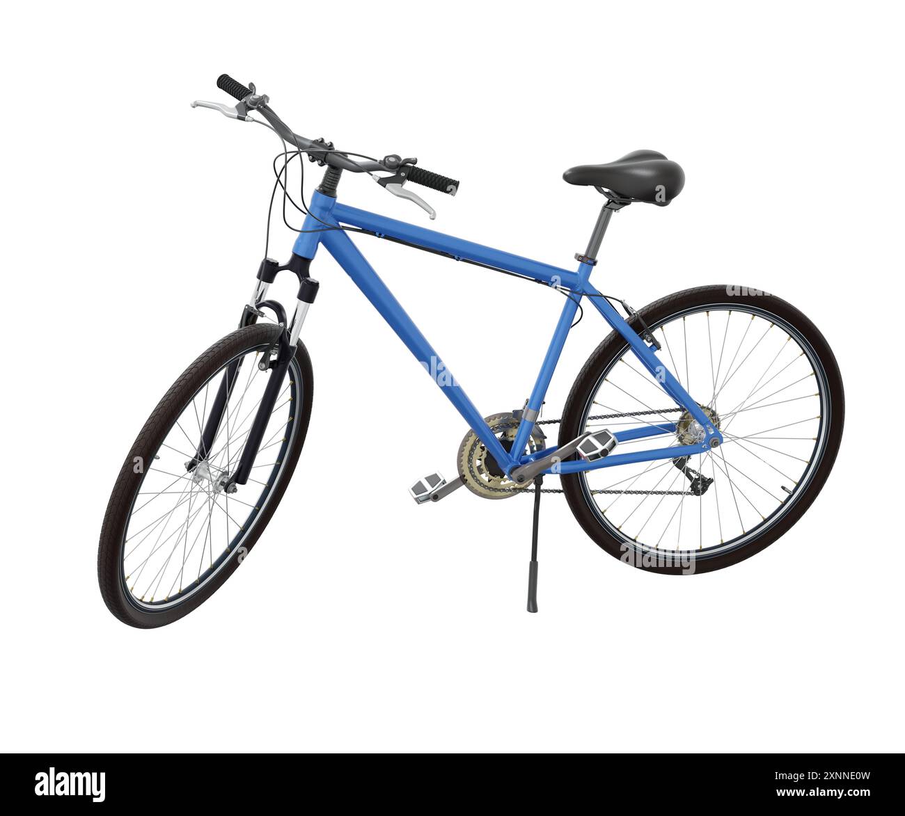 Blue bicycle standing on kickstand, side view isolated on white ...