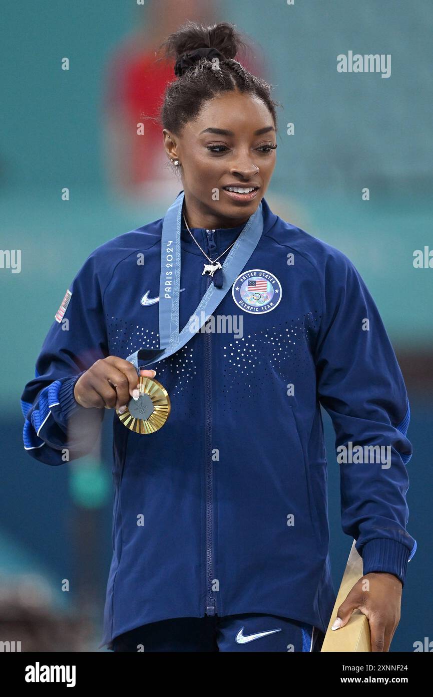 Paris, Fra. 01st Aug, 2024. USA's Simone Biles holds her Gold Olympic ...