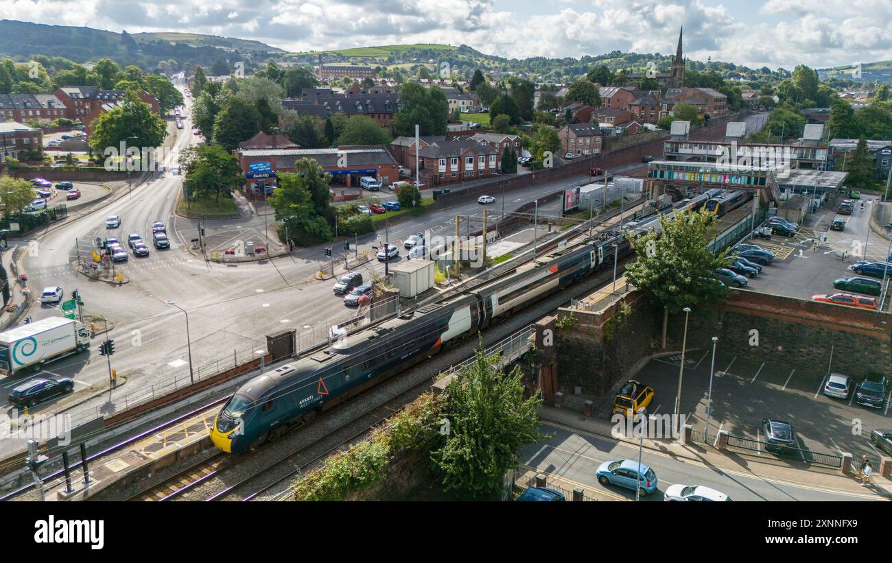 Aerial view Macclesfield a train works into the station Stock Photo - Alamy