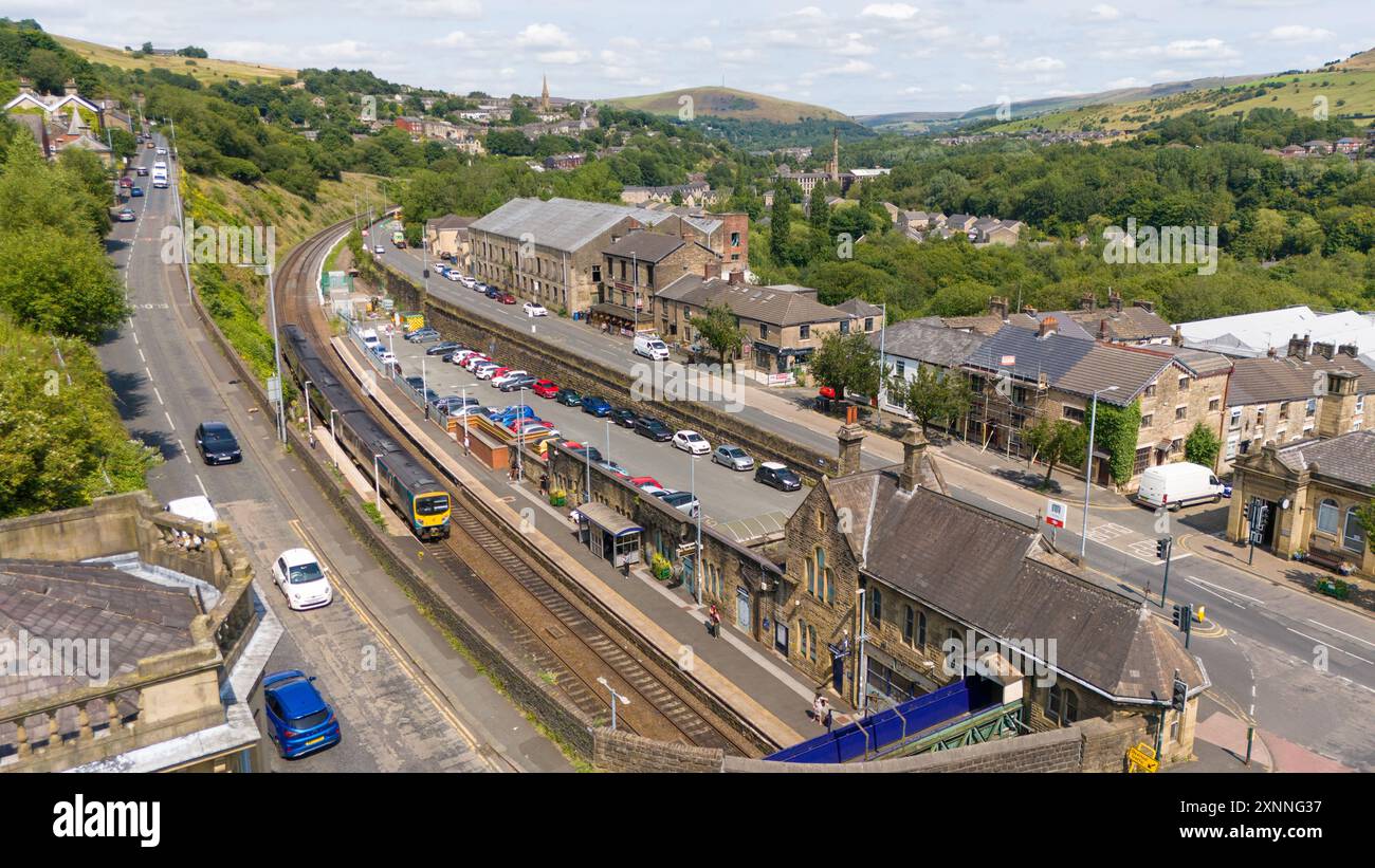 Aerial view Moseley Tameside, train at the train station Stock Photo ...