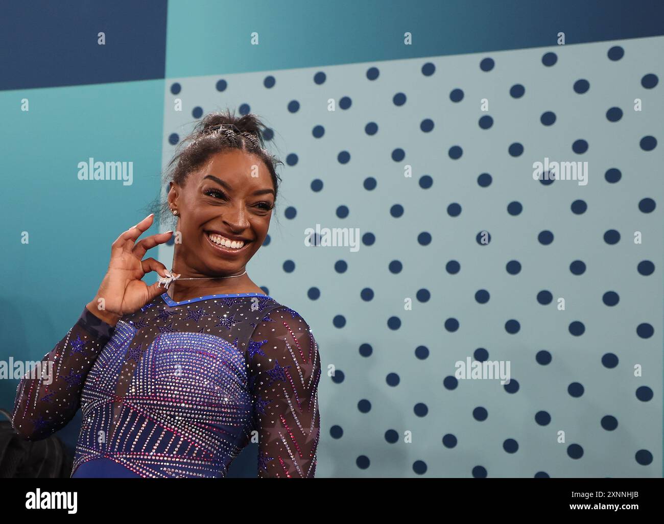 Paris, France. 1st Aug, 2024. Simone Biles of the United States reacts ...