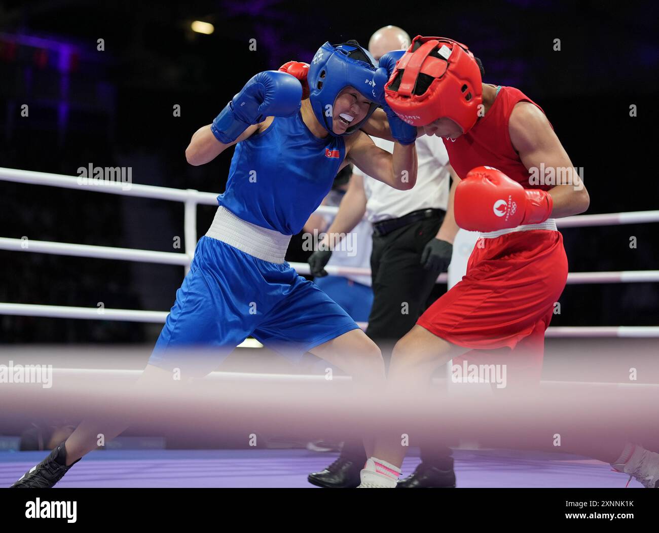 Paris, France. 1st Aug, 2024. Cholmi Pang (blue) of Democratic People's ...