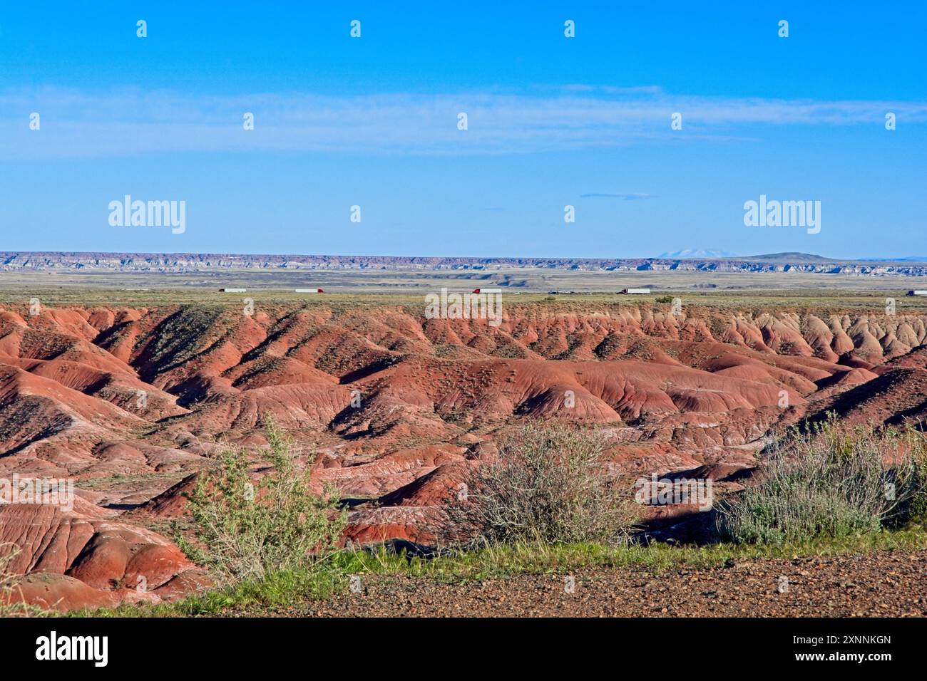 Line of freight trucks on Interstate 40 crossing colorful grasslands of ...