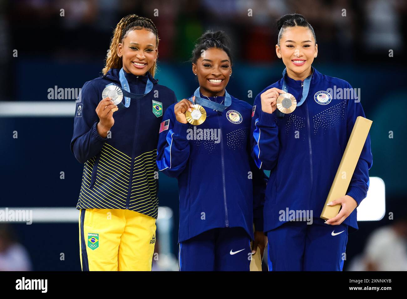 Paris, France, 1 August, 2024. Simone Biles of USA (Gold), Rebeca ...