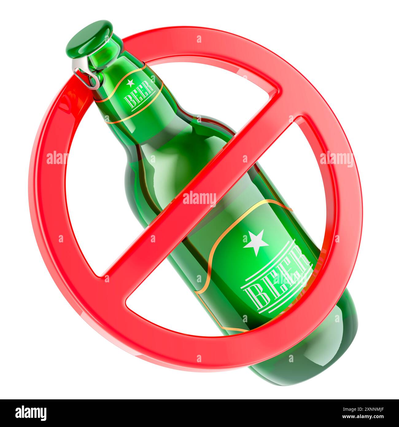 Beer bottle inside prohibition sign. Alcohol prohibition, concept. 3D ...