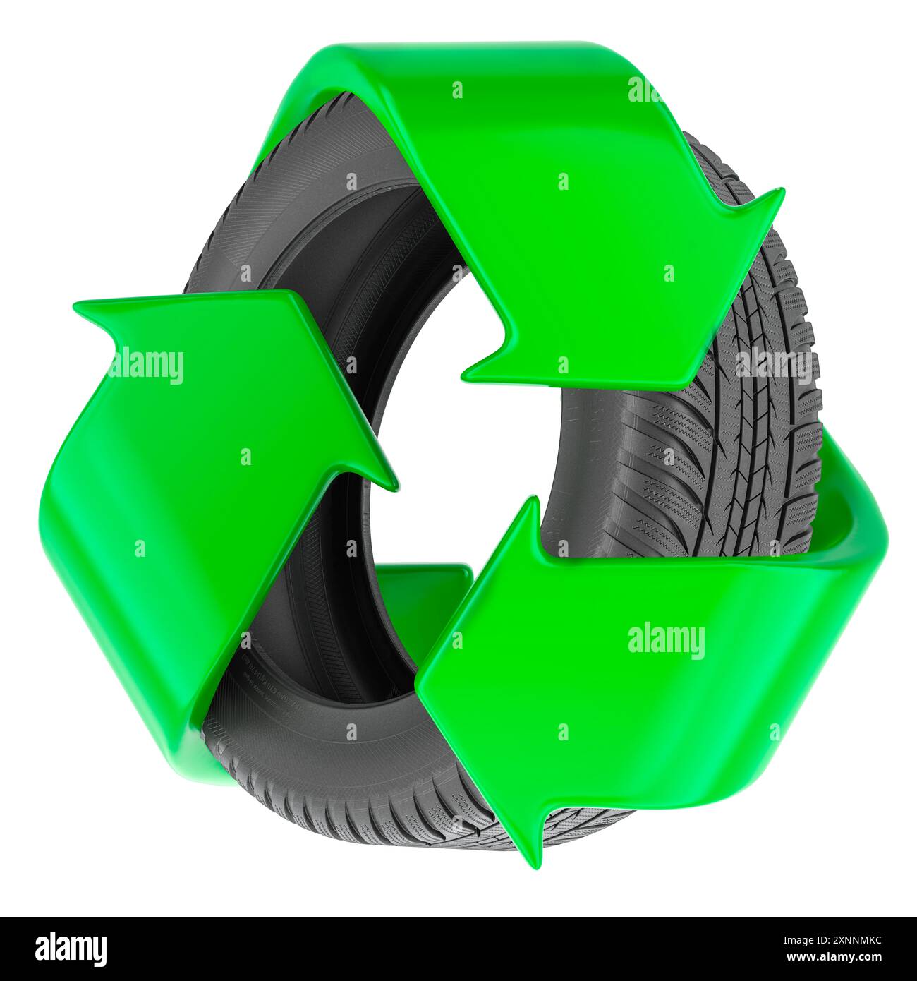 Tire recycling concept. Recycling symbol with car tyre, 3D rendering ...