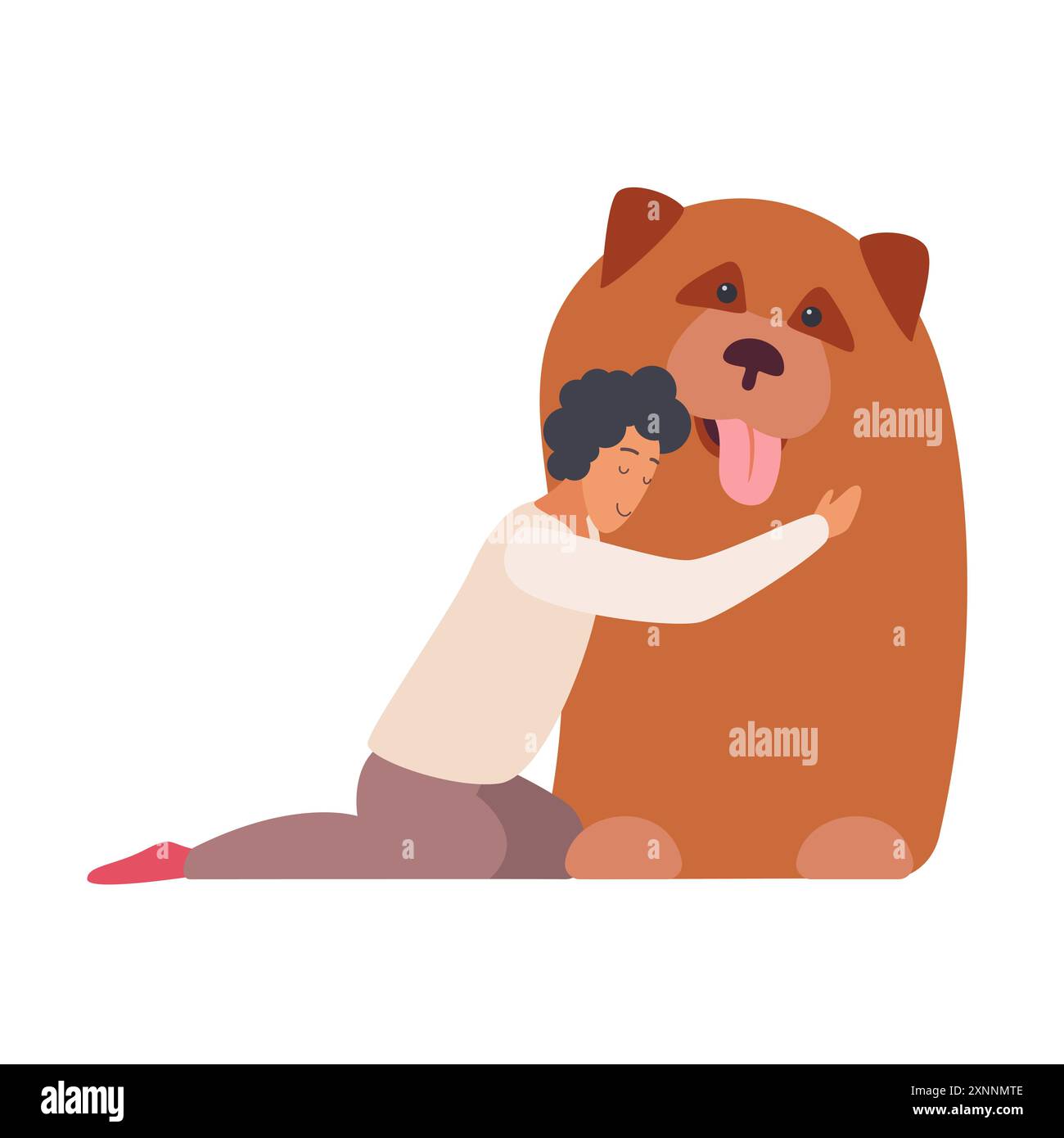 A man kneels to embrace his large, fluffy dog with a content expression ...
