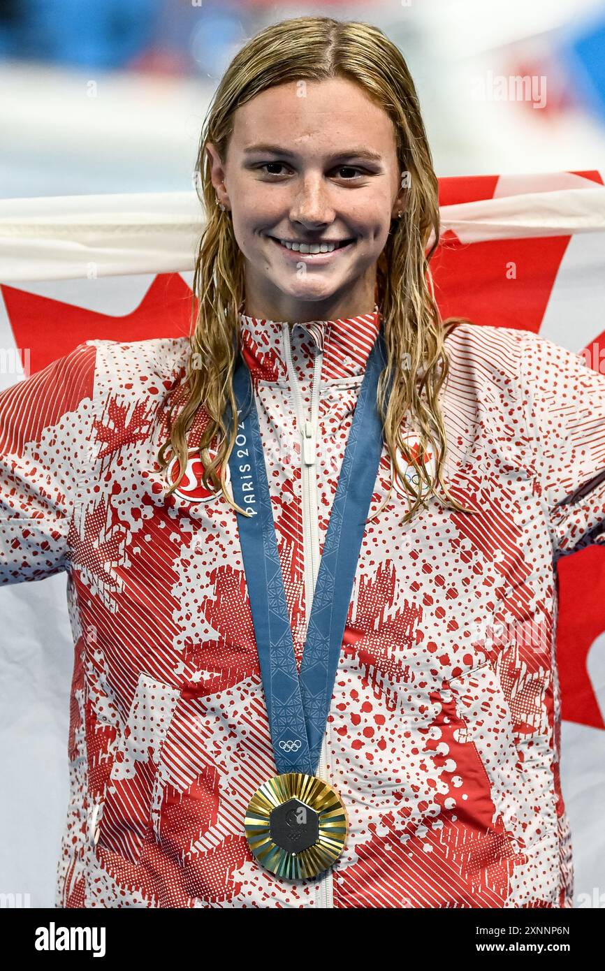 Paris, France. 01st Aug, 2024. Summer Mcintosh of Canada celebrates ...