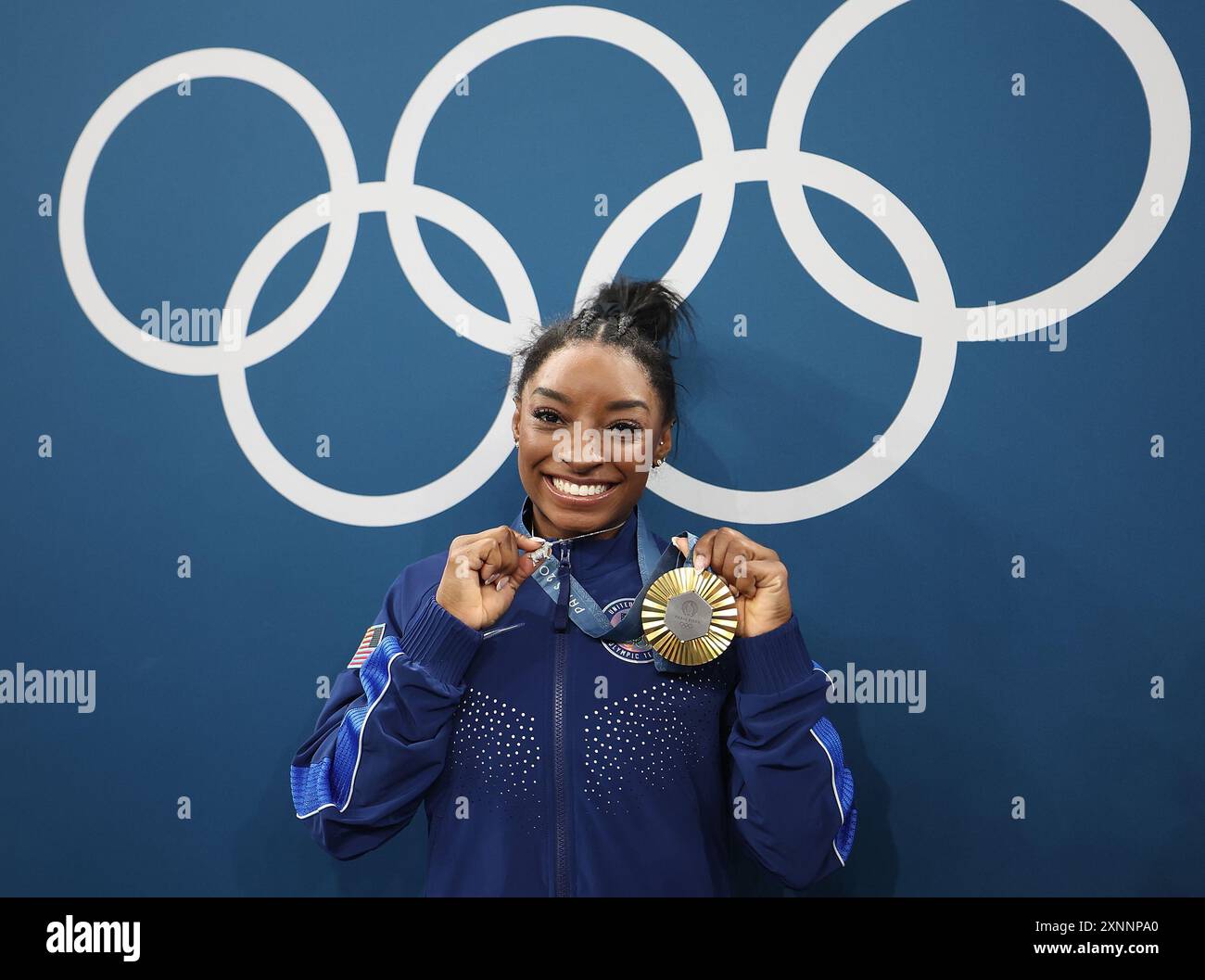 Paris, France. 1st Aug, 2024. Gold medalist Simone Biles of the United ...