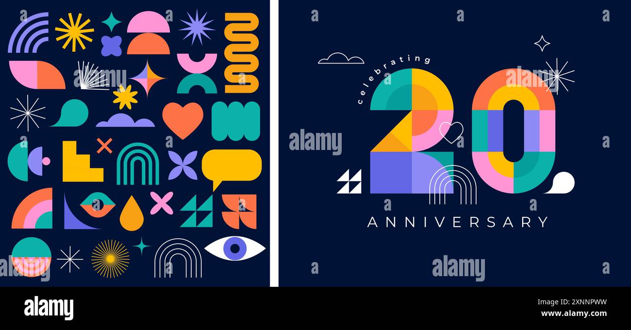 Anniversary concept design. Modern geometric style. Fireworks and ...