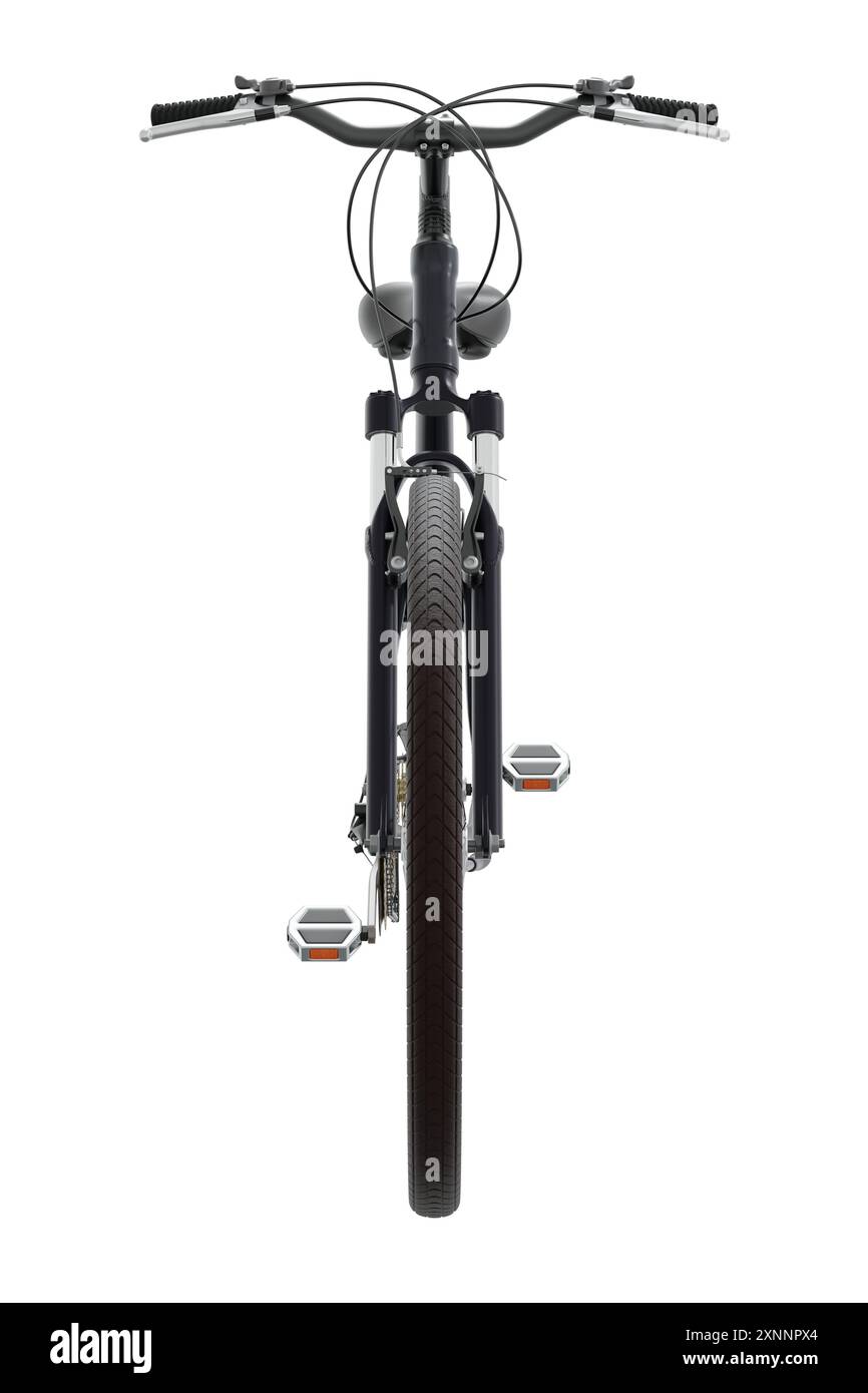 Black bicycle, front view. Black leather saddle and handles. Isolated ...