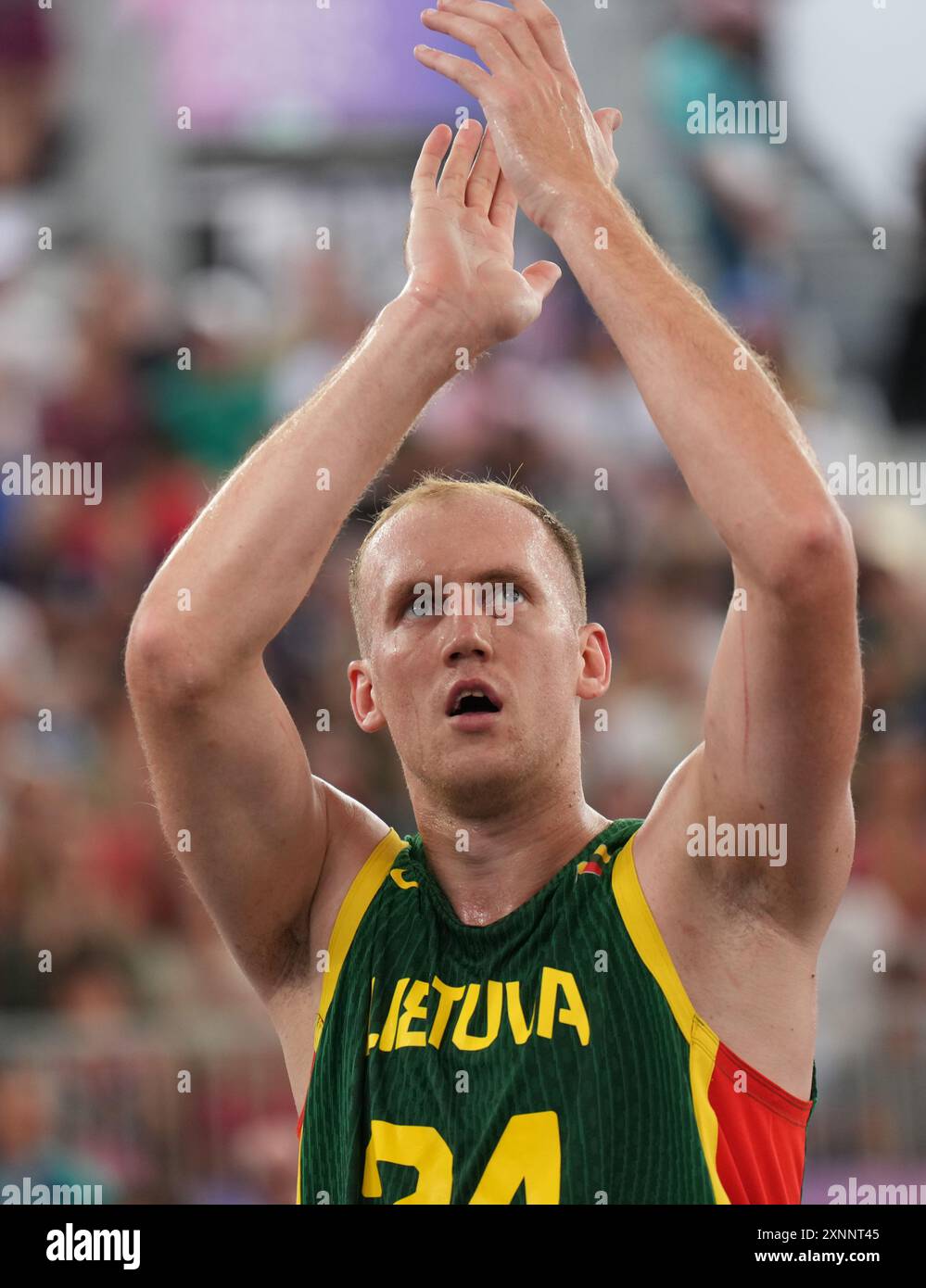 Paris, France. 1st Aug, 2024. Aurelijus Pukelis of Lithuania greets the ...
