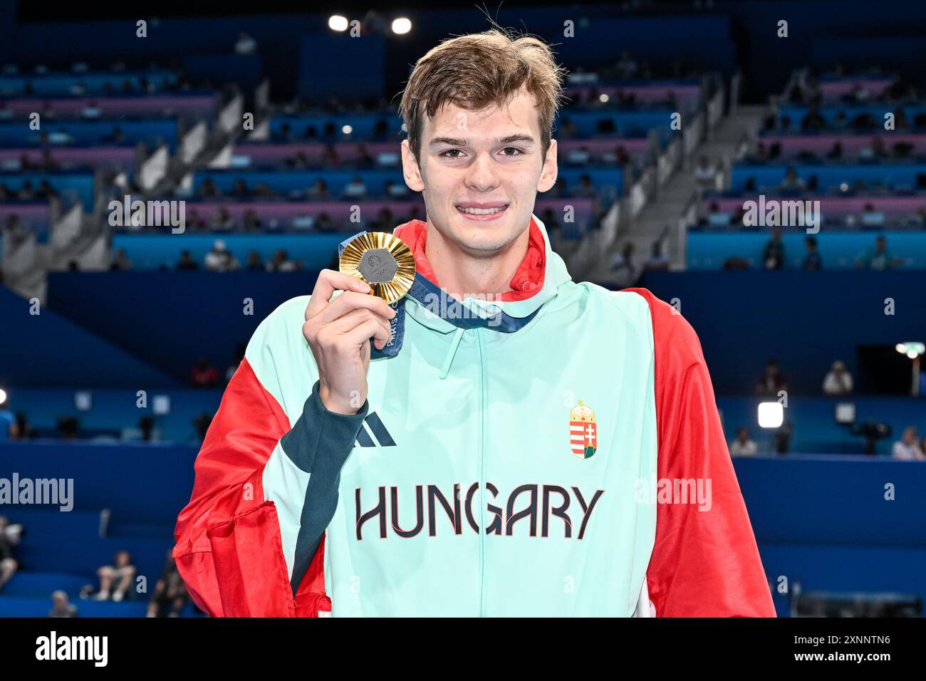 Paris, France. 01st Aug, 2024. Hubert Kos of Hungary shows the gold ...