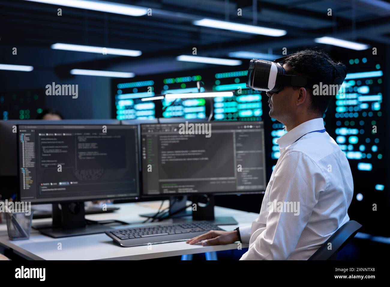 Developer immersed in virtual reality in server hub, doing units maintenance. Technician using ...