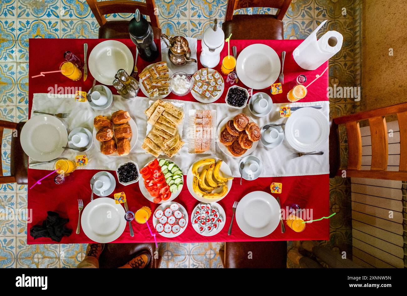 A typical Moroccan breakfast table in a desert hotel in Morocco with ...