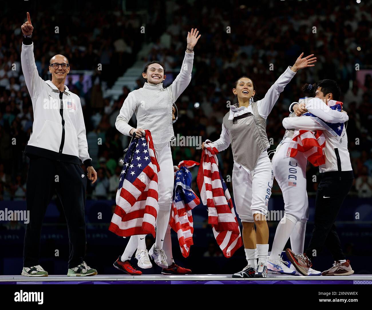 Paris, France. 1st Aug, 2024. Team USA celebrate victory after the ...