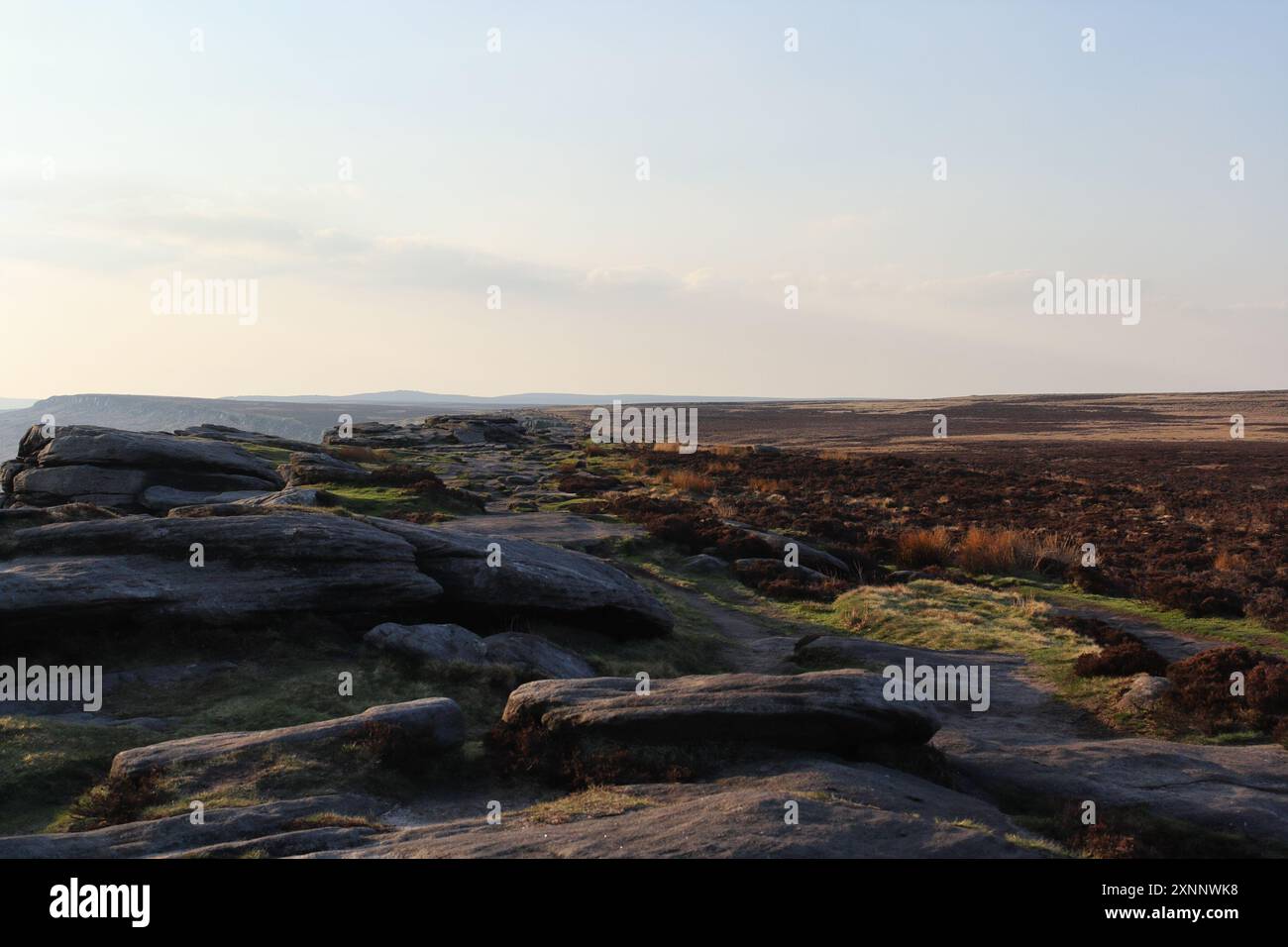 sunset at Stanage edge in the Derbyshire Peak District national park ...