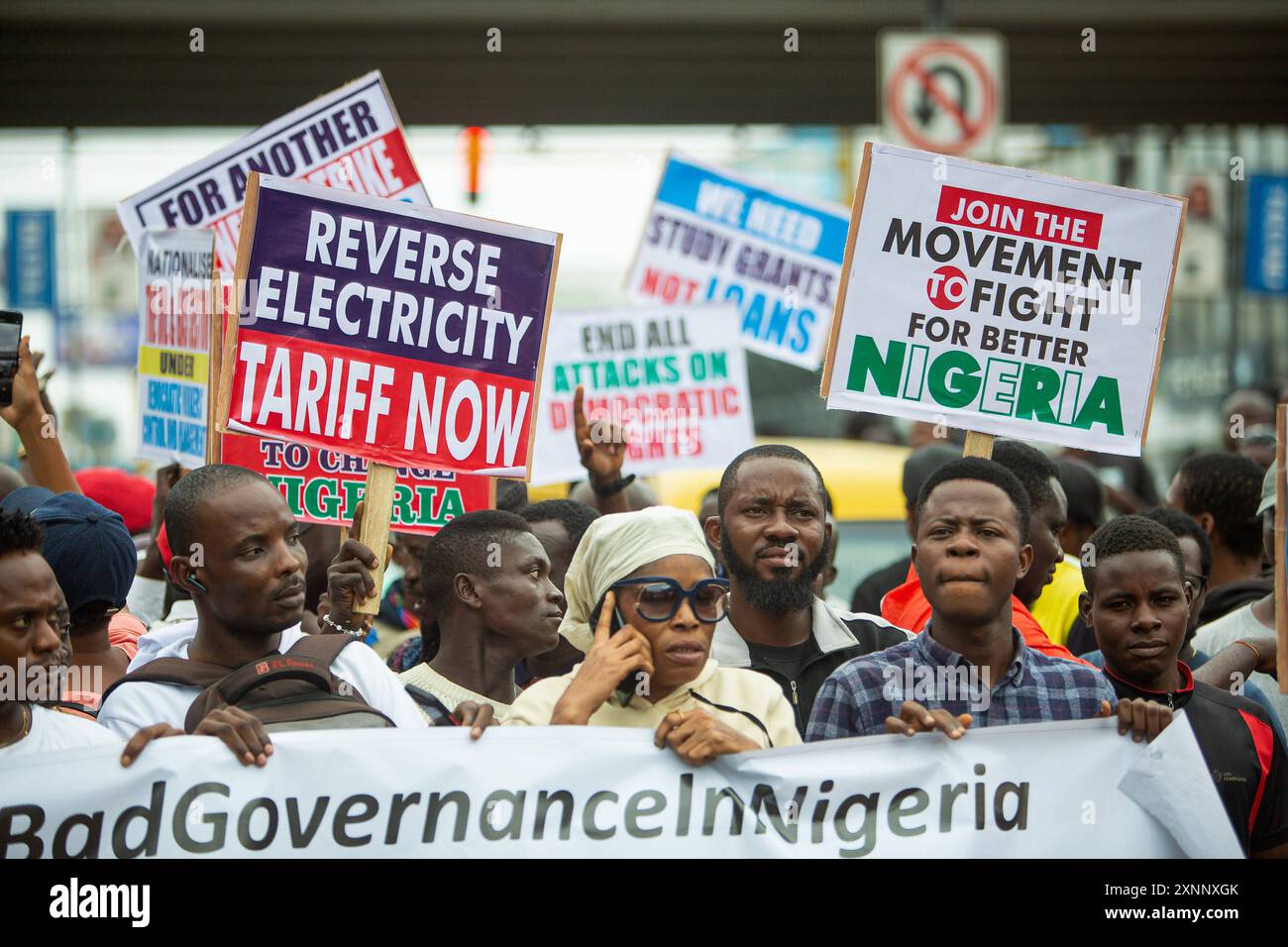 LAGOS, NIGERIA - AUGUST 1: Protesters captured marching towards Ojota ...