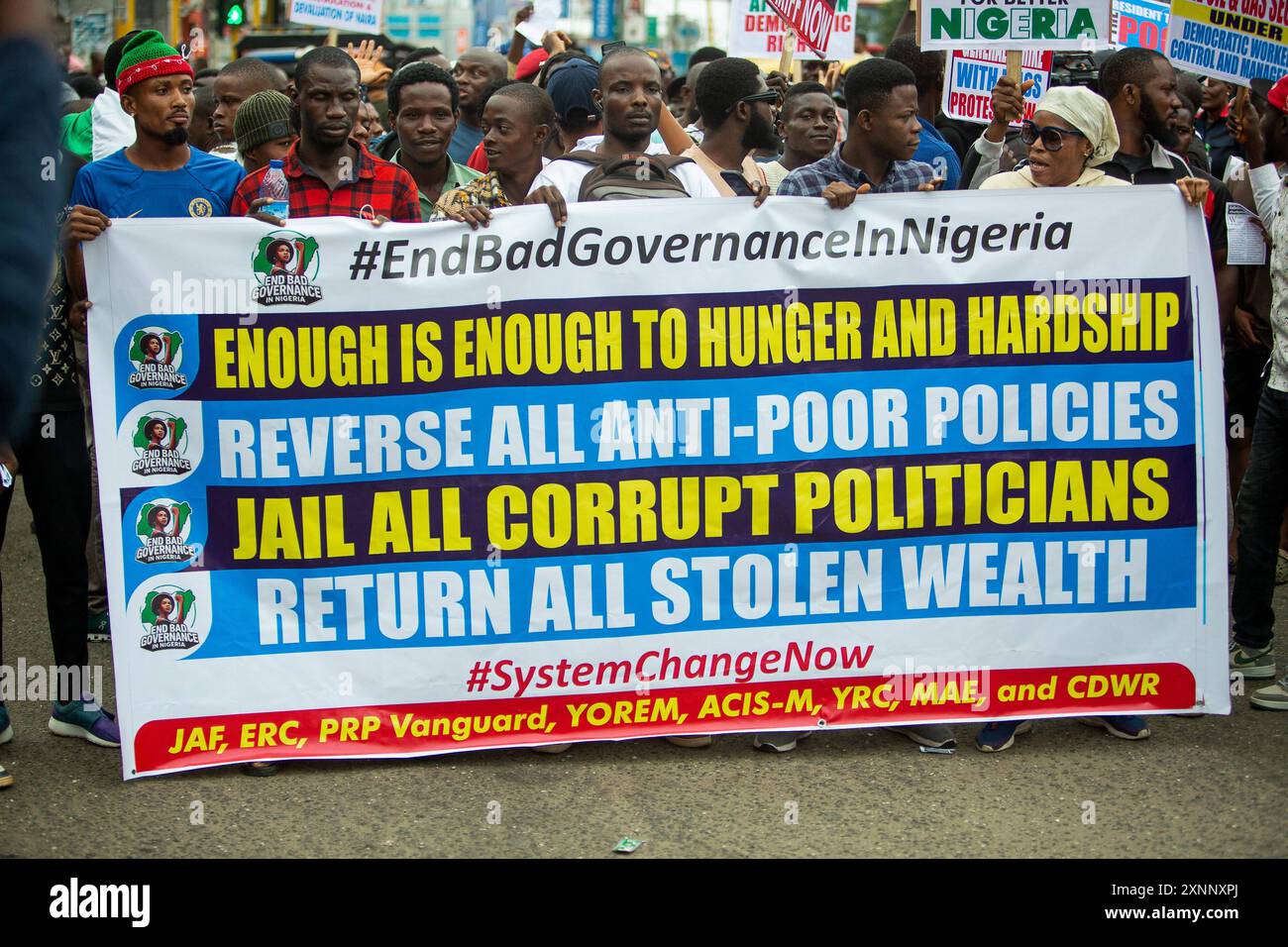 LAGOS, NIGERIA - AUGUST 1: Protesters displaying their banner at Ikeja ...