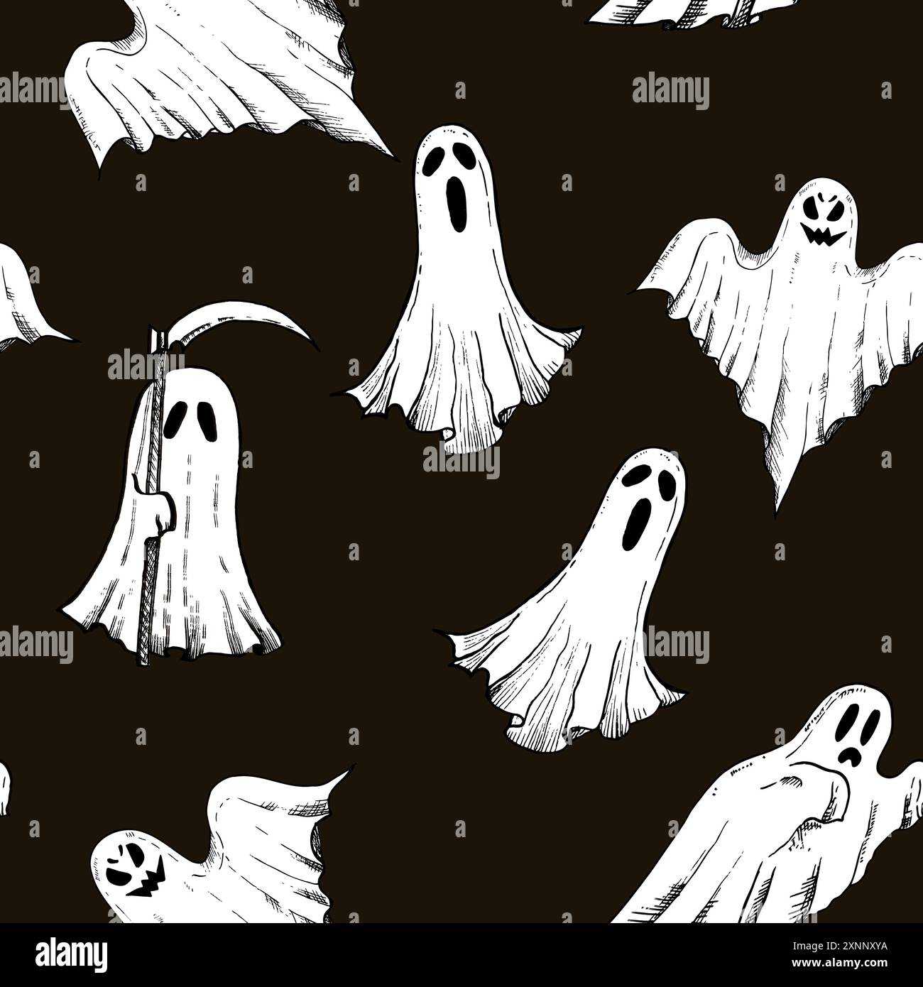 Vector halloween scary ghost seamless pattern. Hand painted linear ...