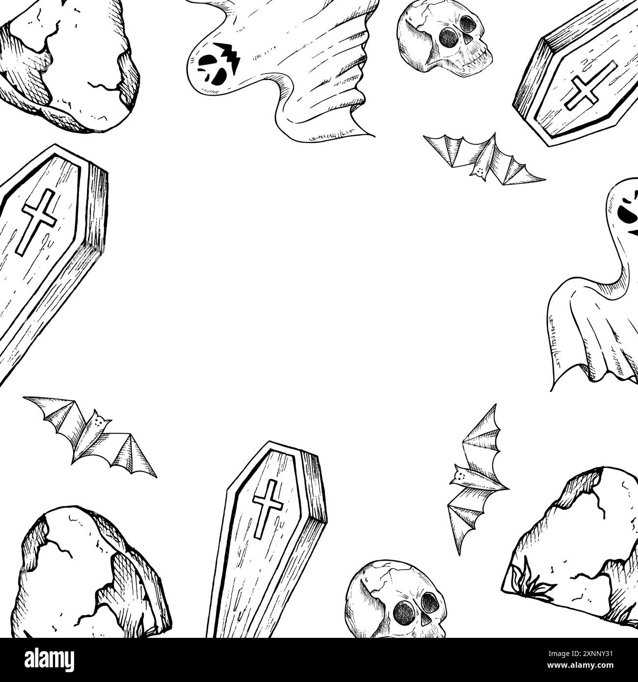 Human skull with black eyes frame. Vector scary ghost, gravestone in a ...