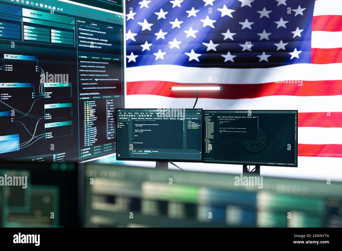 High tech governmental cyber operations center with USA flag. Network ...