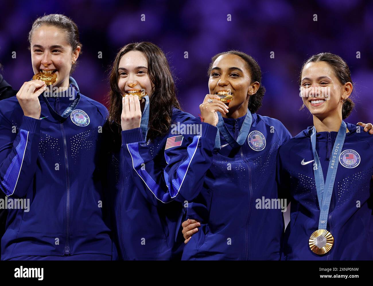 Paris, France. 1st Aug, 2024. Gold medalists team USA attend the victory ceremony for the women ...