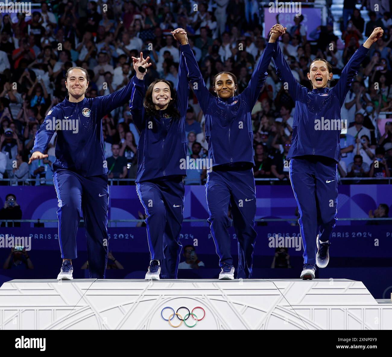 Paris, France. 1st Aug, 2024. Gold medalists team USA attend the victory ceremony for the women ...