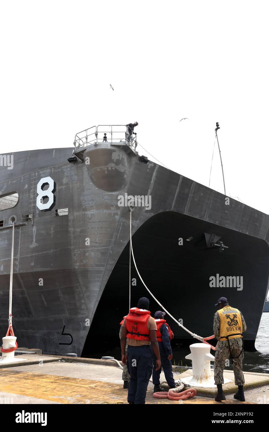 NORFOLK, VA (July 29, 2024) Sailors secure mooring lines on the pier as the Military Sealift ...