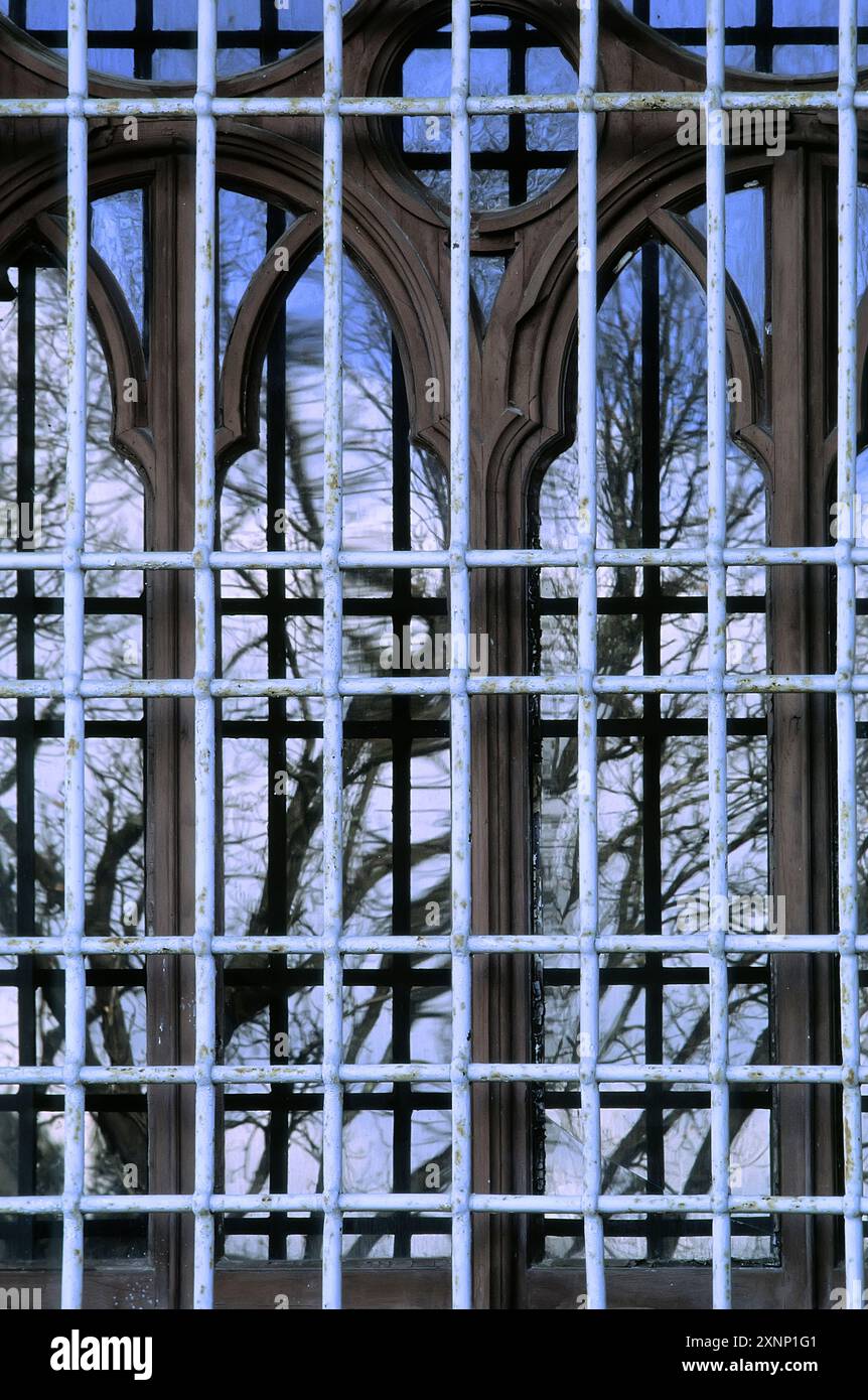 Castle of Sammezzano, Tuscany, Italy. Window with bars, trees reflected ...