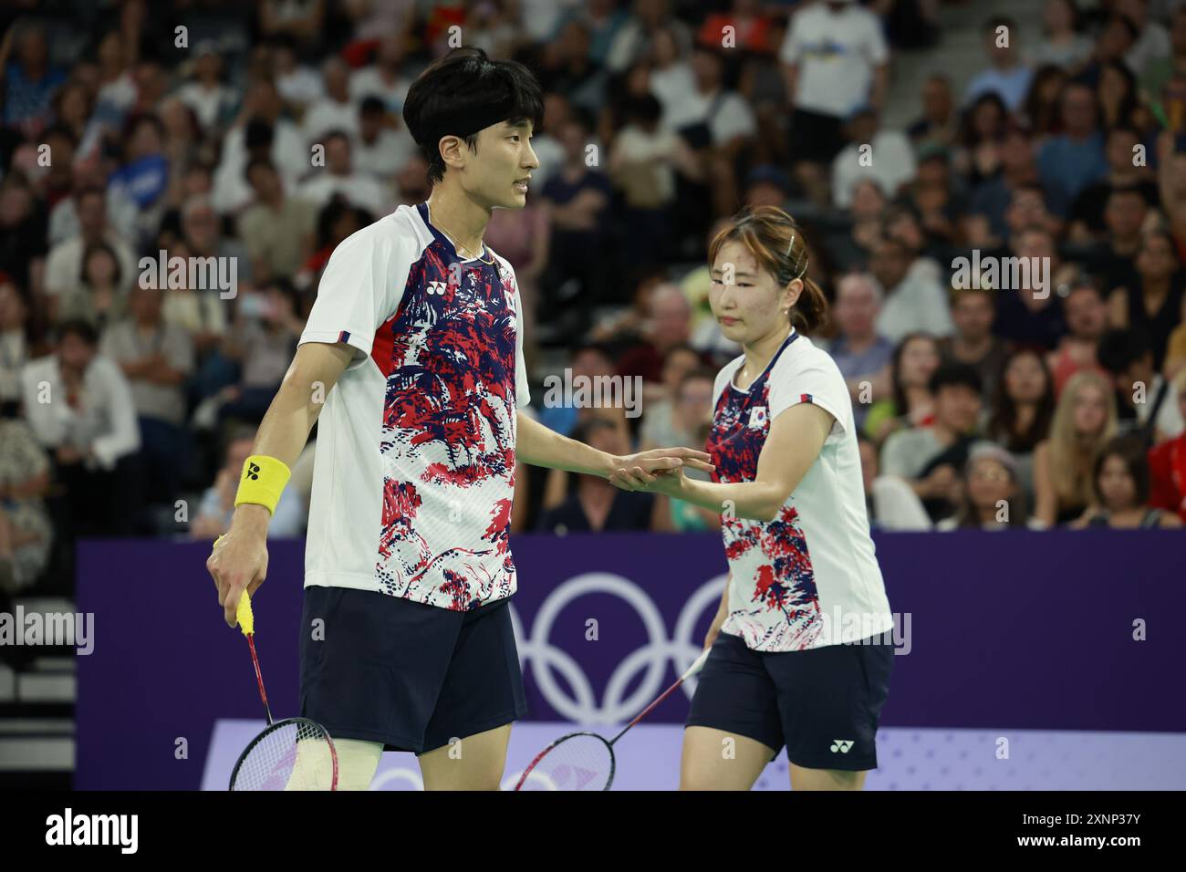 Paris, France. 1st Aug, 2024. Kim Won Ho (L)/Jeong Na Eun of South Korea react during the ...