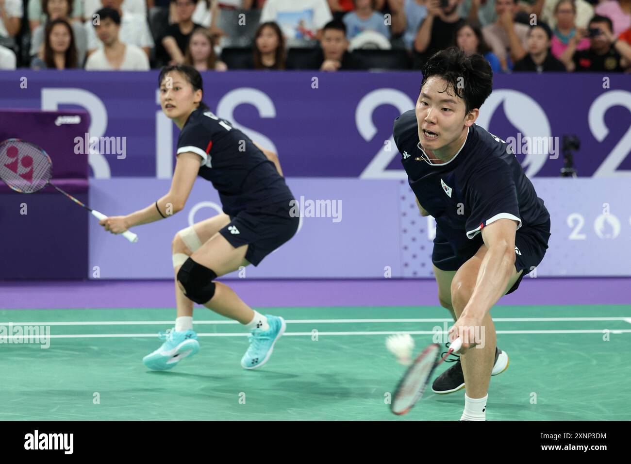 Paris, France. 1st Aug, 2024. Seo Seung Jae (R)/Chae Yu Jung of South Korea compete during the ...