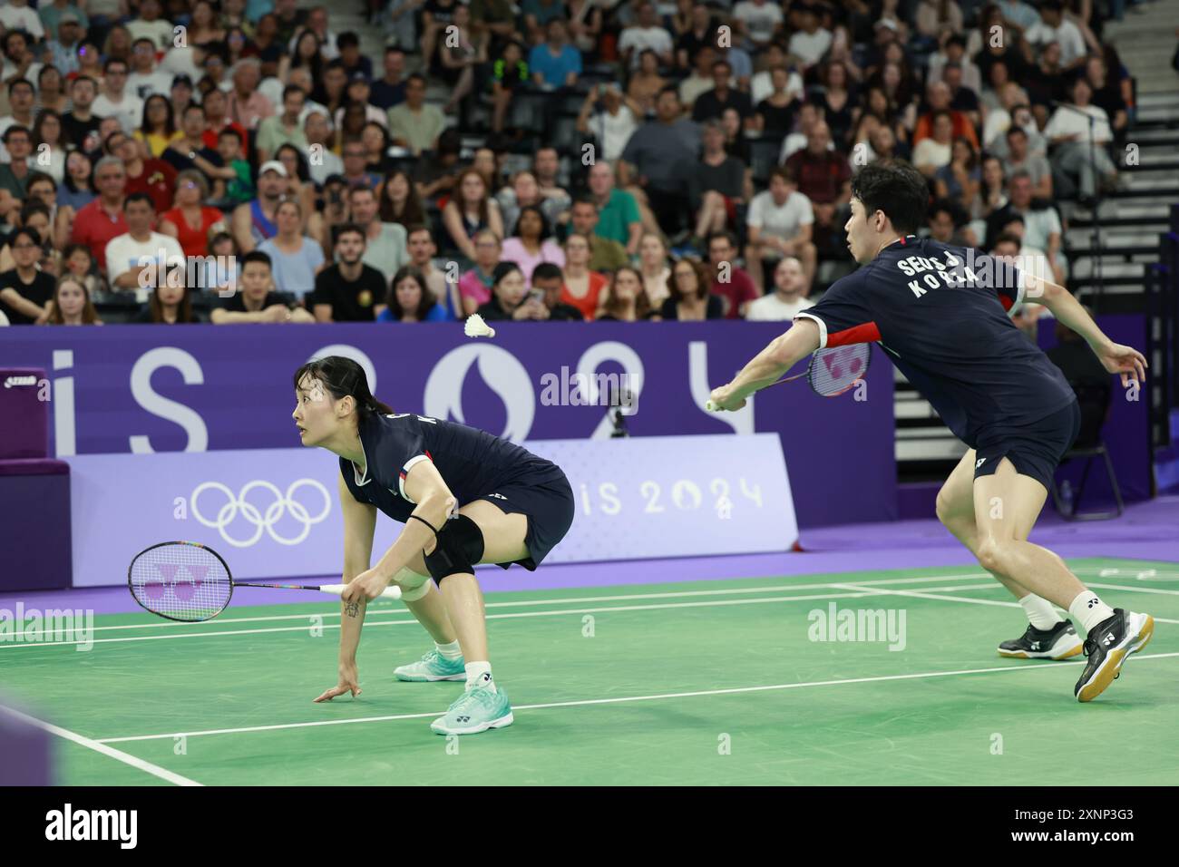 Paris, France. 1st Aug, 2024. Seo Seung Jae (R)/Chae Yu Jung of South Korea compete during the ...