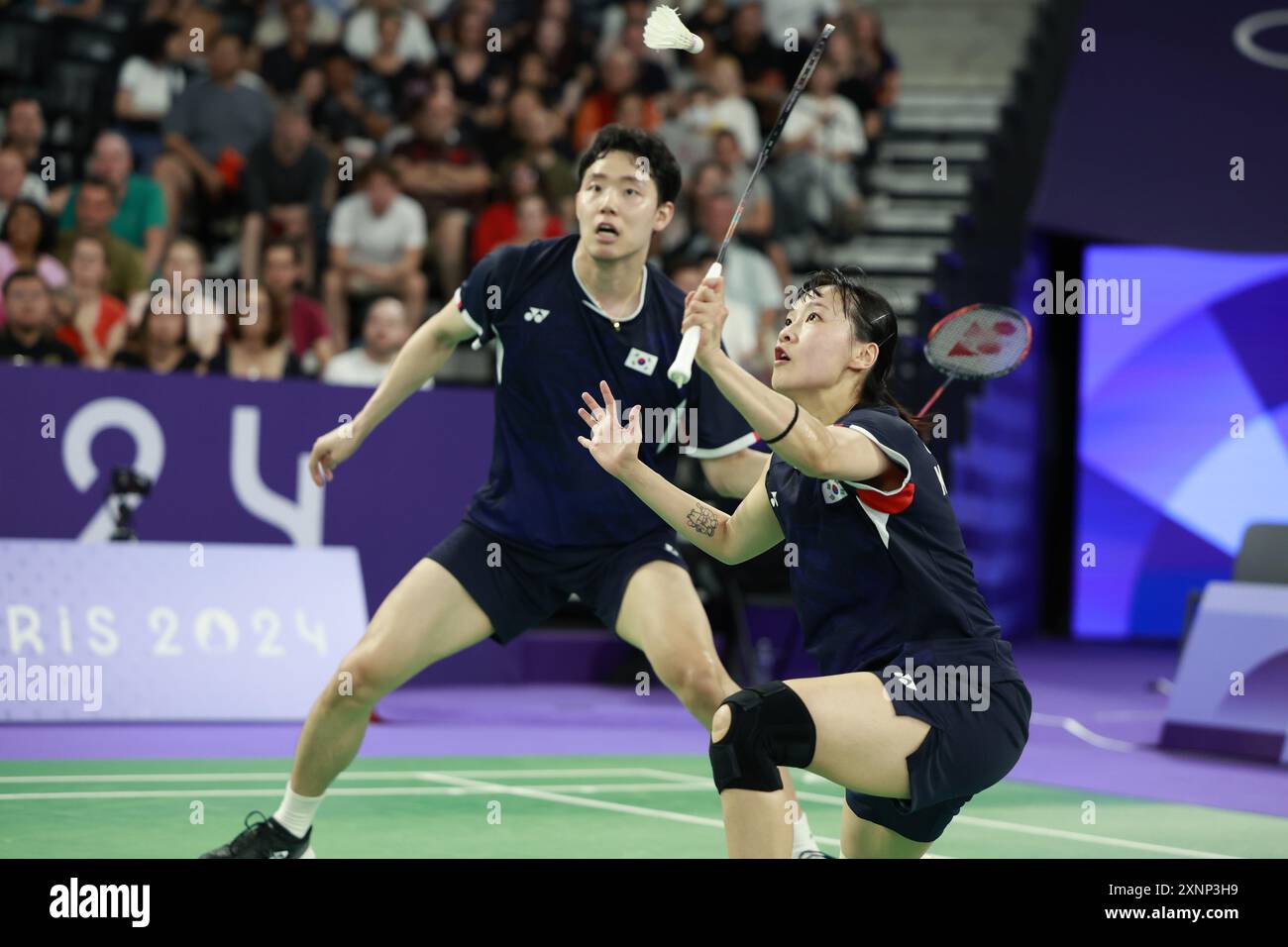 Paris, France. 1st Aug, 2024. Seo Seung Jae/Chae Yu Jung (R) of South Korea compete during the ...