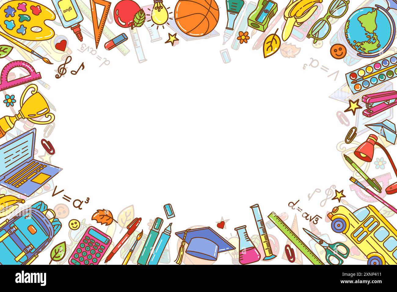 Colorful school themed border vector illustration with educational ...
