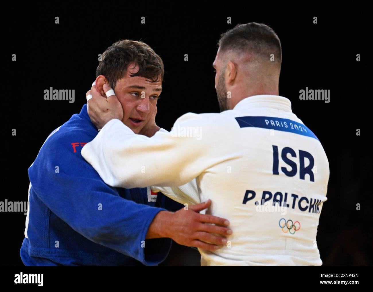 Paris, France. 1st Aug, 2024. Peter Paltchik (white) of Israel reacts ...