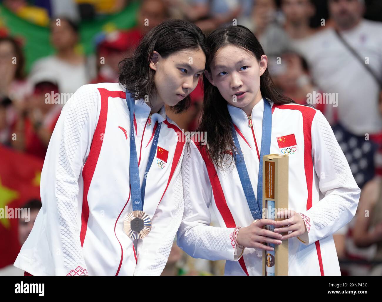Paris, France. 1st Aug, 2024. Bronze medalists Yang Junxuan (L) and Li Bingjie of team China ...