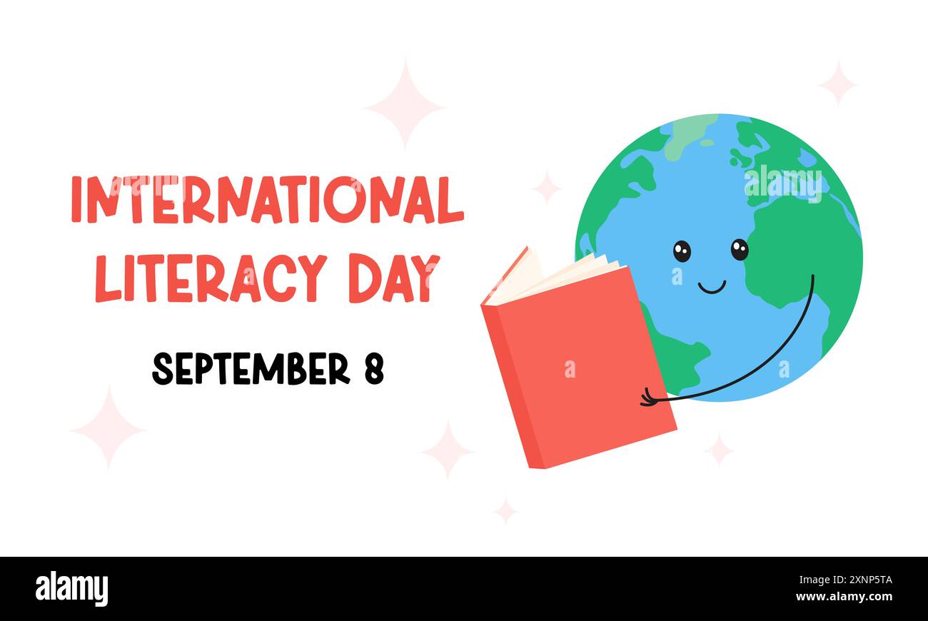 International Literacy Day September 8 celebration. Cute cartoon Earth planet holding and ...
