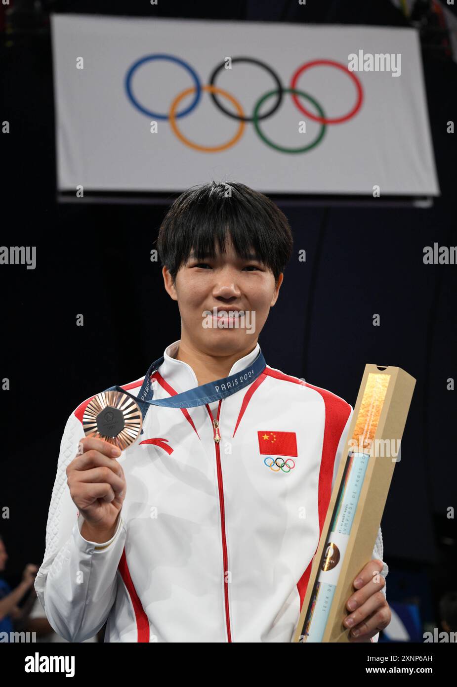 Paris, France. 1st Aug, 2024. Bronze medalist Ma Zhenzhao reacts during ...