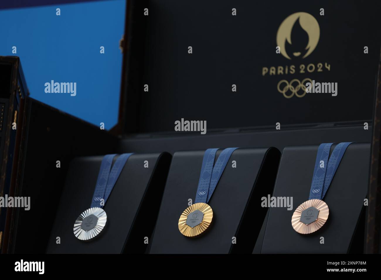 Paris, France. 1st Aug, 2024. Paris Olympics medals are displayed at ...