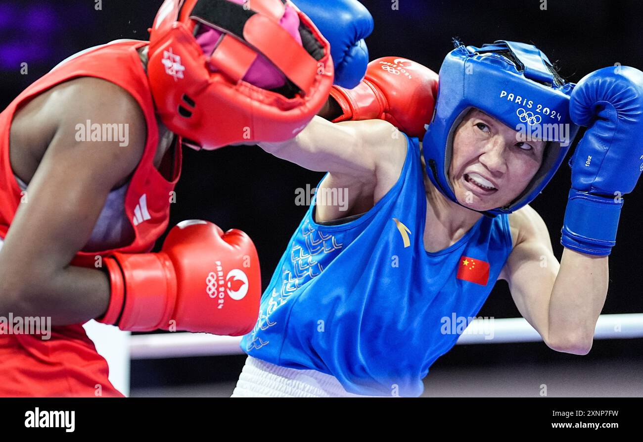 Paris, France. 1st Aug, 2024. Yang Liu (R) of China competes with ...